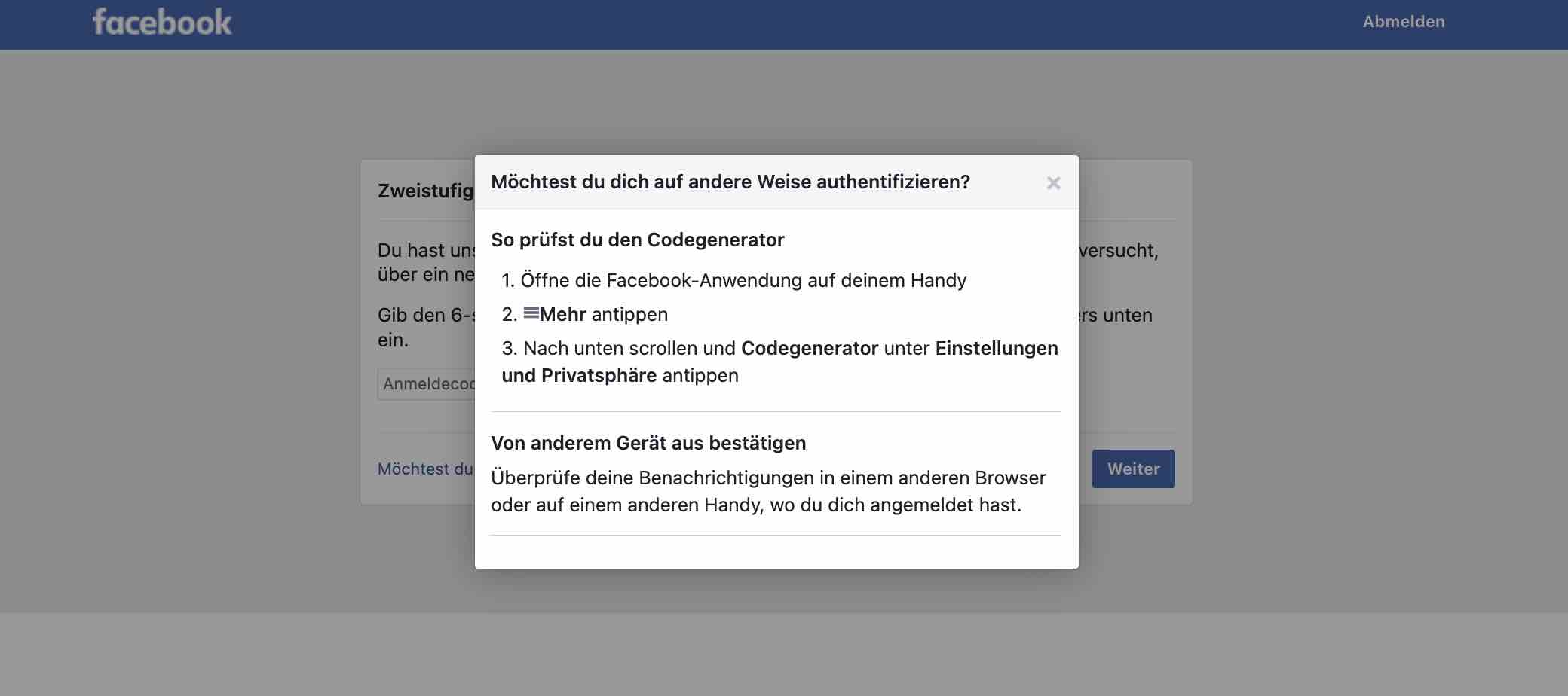 Facebook und die 2-faktorielle Authentifizierung